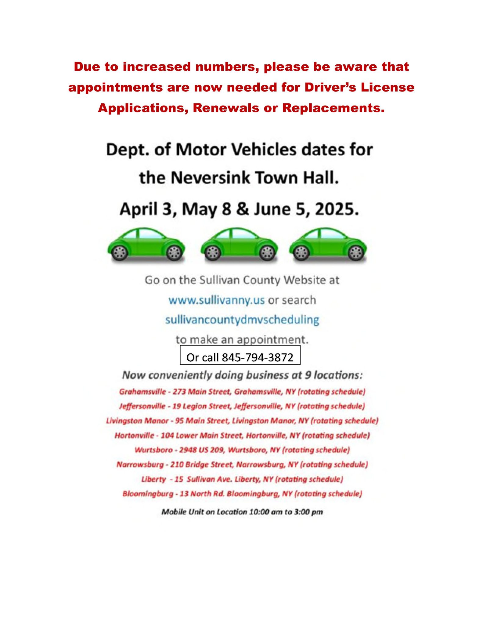 DMV Spring Schedule 2025 – Town of Neversink